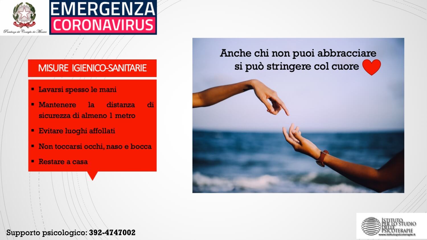 Misure igienico-sanitarie — Istituto per lo Studio delle Psicoterapie